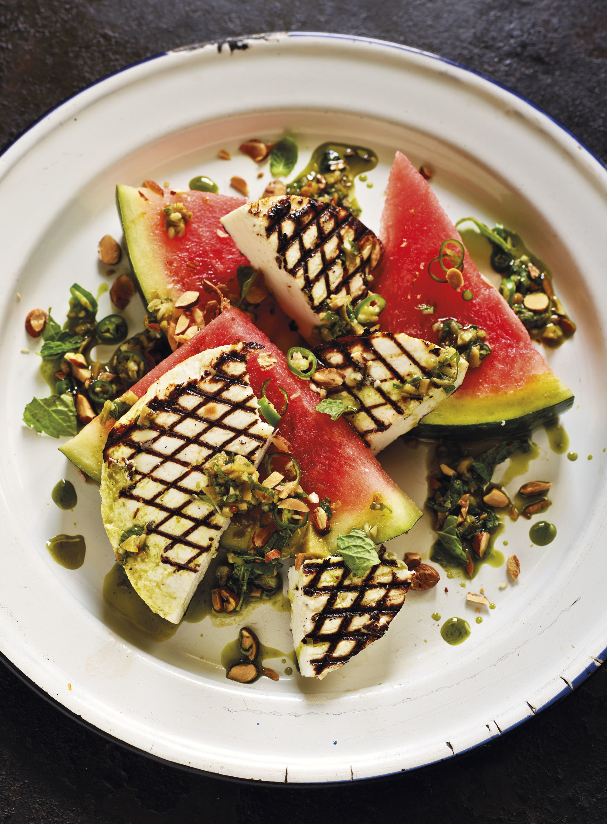 Watermelon & Grilled Manouri with Green Olive & Mint Salsa V | hush
